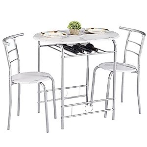 VECELO 3 Piece Small Round Dining Table Set for Kitchen Breakfast Nook, Wood Grain Tabletop with Wine Storage Rack, Save Space, 31.5", White & Silver