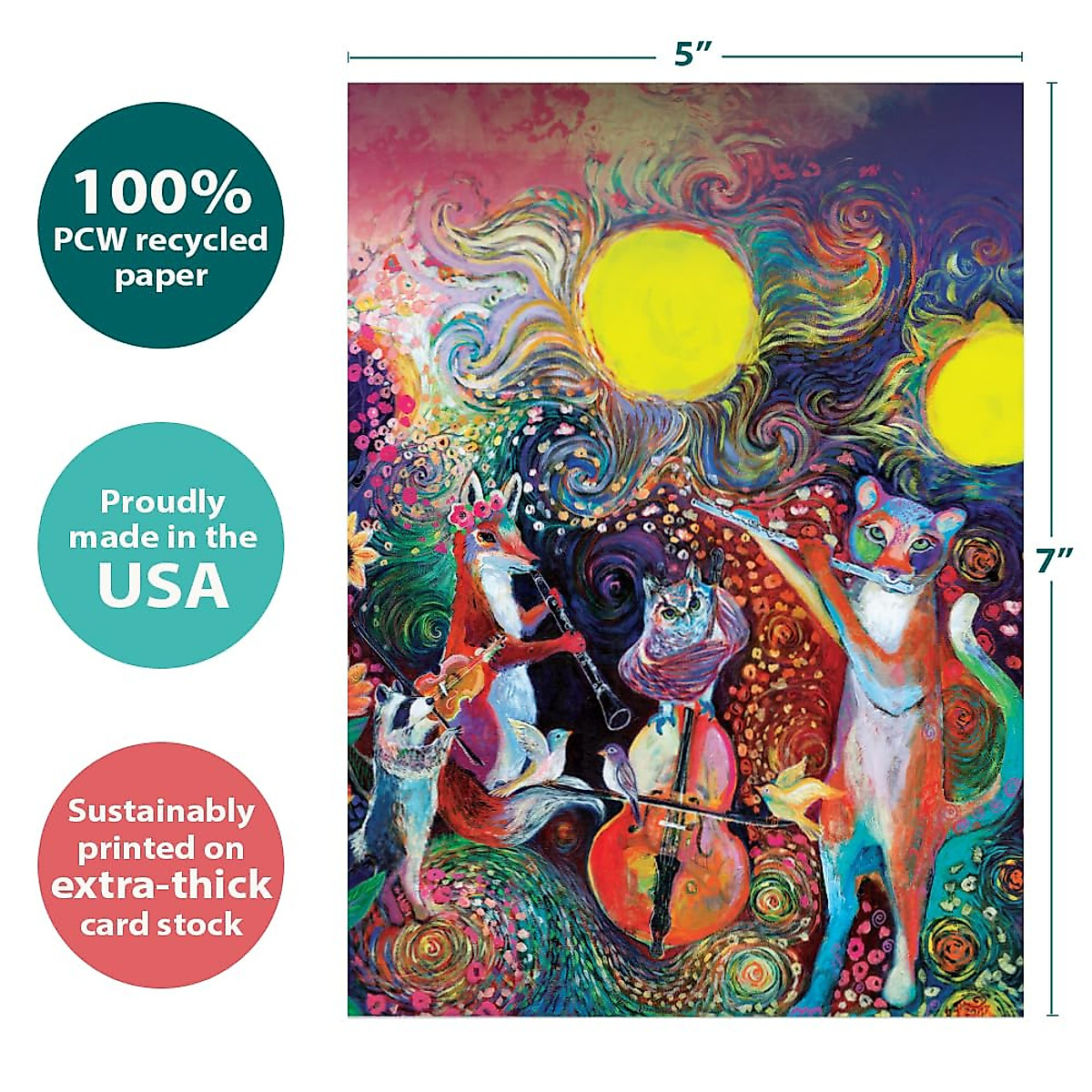 Tree-Free Greetings - Birthday Cards - Artful Designs - 1 Card + Matching Envelopes - Made in USA - 100% Recycled Paper - 5"x7" - Animal Serenade (GO61532)