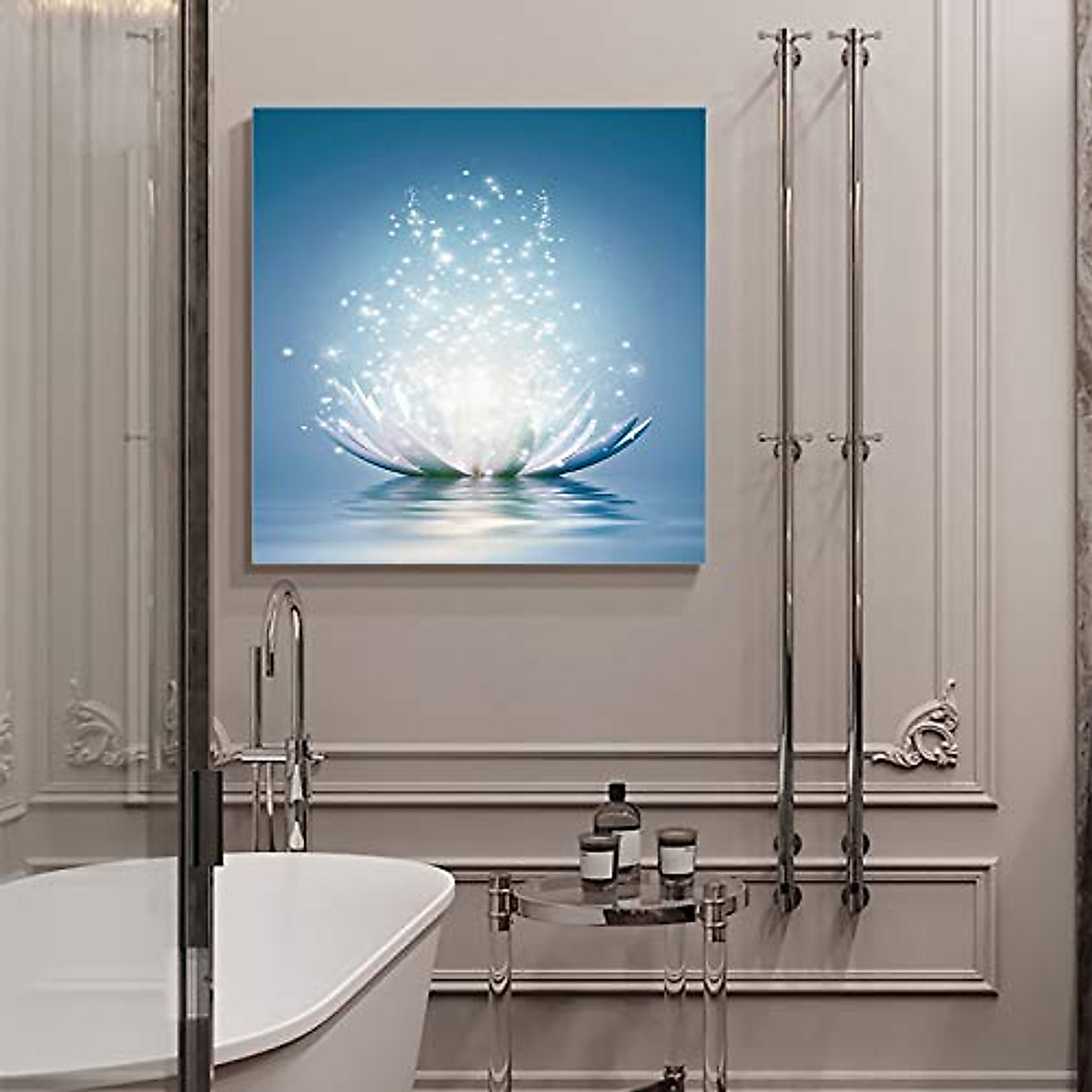 Lotus Bathroom Decor Canvas Wall Art Painting,Abstract Blue Lotus Flower Meditation Canvas Prints Artwork Home Decor for Living Room, Kitchen, Office, Framed Ready to Hang