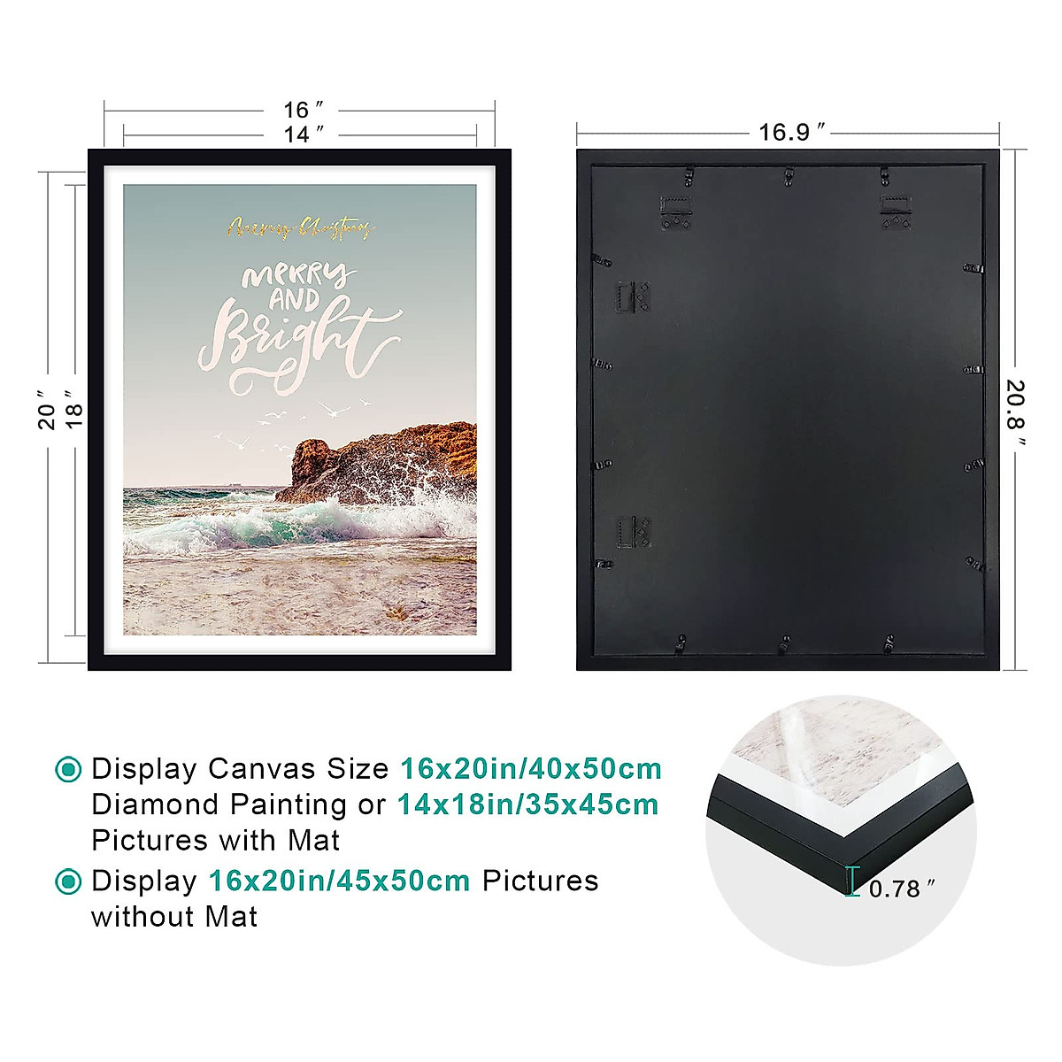 Bemaystar 2 Pack Diamond Art Painting Frames 16x20 - Pictures Frames Display 16x20in/40x50cm Photos without Mat or 14x18inch/35x45cm with Mat, Solid Wood Frame (Black)