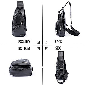Vintage Men's Leather Sling Bag,Chest Shoulder Backpack, Water waterproof Crossbody Bag with USB Charging Port -Black