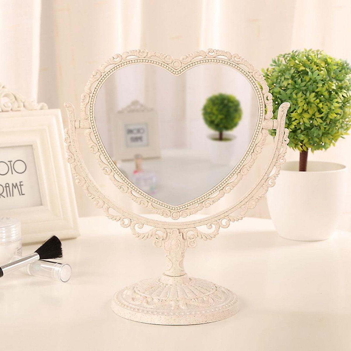D&XQAUO Heart Shaped Mirror - Coquette Room Decor for Desk, Vanity & Bathroom - Cute Table Mirror with Stand (Beige)