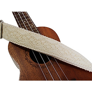 MUSIC FIRST Original Design Cream Graceful & Vintage Lace Soft Lace & Genuine Leather Ukulele Strap Ukulele Shoulder Strap With a Genuine Leather Strap Locker (Cream)