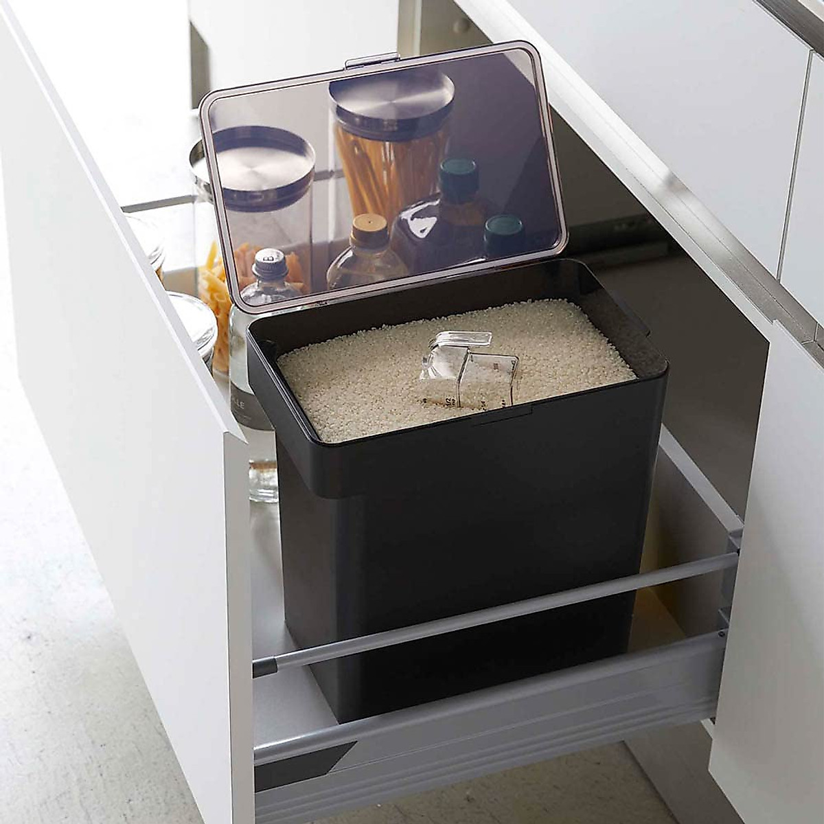 Yamazaki Industries 5424 Airtight Rice Bin, 22.0 lbs (10 kg), Measuring Cup Included, Black, Approx. W 12.0 x D 7.8 x H 12.2 inches (30.7 x 19.7 x 31.2 cm), Tower, Moisture and Oxidation Prevention