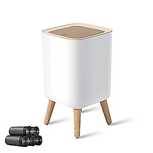Small Trash Can with Lid, Boho Plastic Garbage Can with Push Button, Waste Basket with 5 Rolls Garbage Bags, Slim Dog Proof Bedroom Garbage Bin, Bathroom Trash Can for Home, Living Room, Office