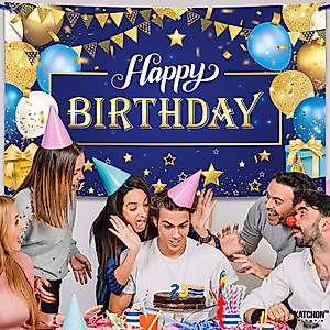 KatchOn, XtraLarge Gold and Blue Happy Birthday Banner - 72x44 Inch | Happy Birthday Backdrop for Men | Blue and Gold Birthday Backdrop for Happy Birthday Decorations | Blue Birthday Banner for Men