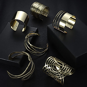 JeryWe 6 Pcs Upper Arm Cuff Jewelry for Women Armband Cuff Bangle Bracelet Set Adjustable Open Armlet Coil Wrap Bracelet Costume Jewelry Gold Silver Tone