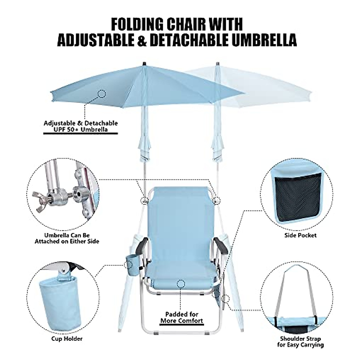 High Beach Chair with UPF50+ Umbrella Canopy Shade Lightweight Portable Folding Lawn Chairs with Arms Shoulder Strap Cup Holder for Adults Outdoor Concert Patio Camping Sand Festival Pool Picnic