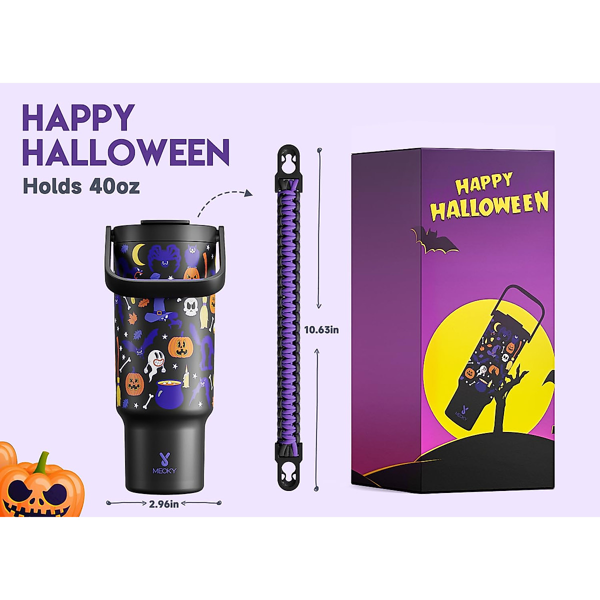 Meoky 40 oz Halloween Tumbler with Handle and Straw, Glow in the Dark Insulated Water Bottle, Stainless Steel Travel Mug, Keeps Cold for 34 Hours, Fits in Car Cup Holder (Haunted Pumpkin)