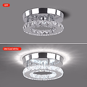 HOPGGIE Modern Crystal Chandelier LED Flush Mount Pendant Lighting Mini Ceiling Light Fixture for Bathroom Bedroom Hallway Staircase Bar Kitchen (Cold White)