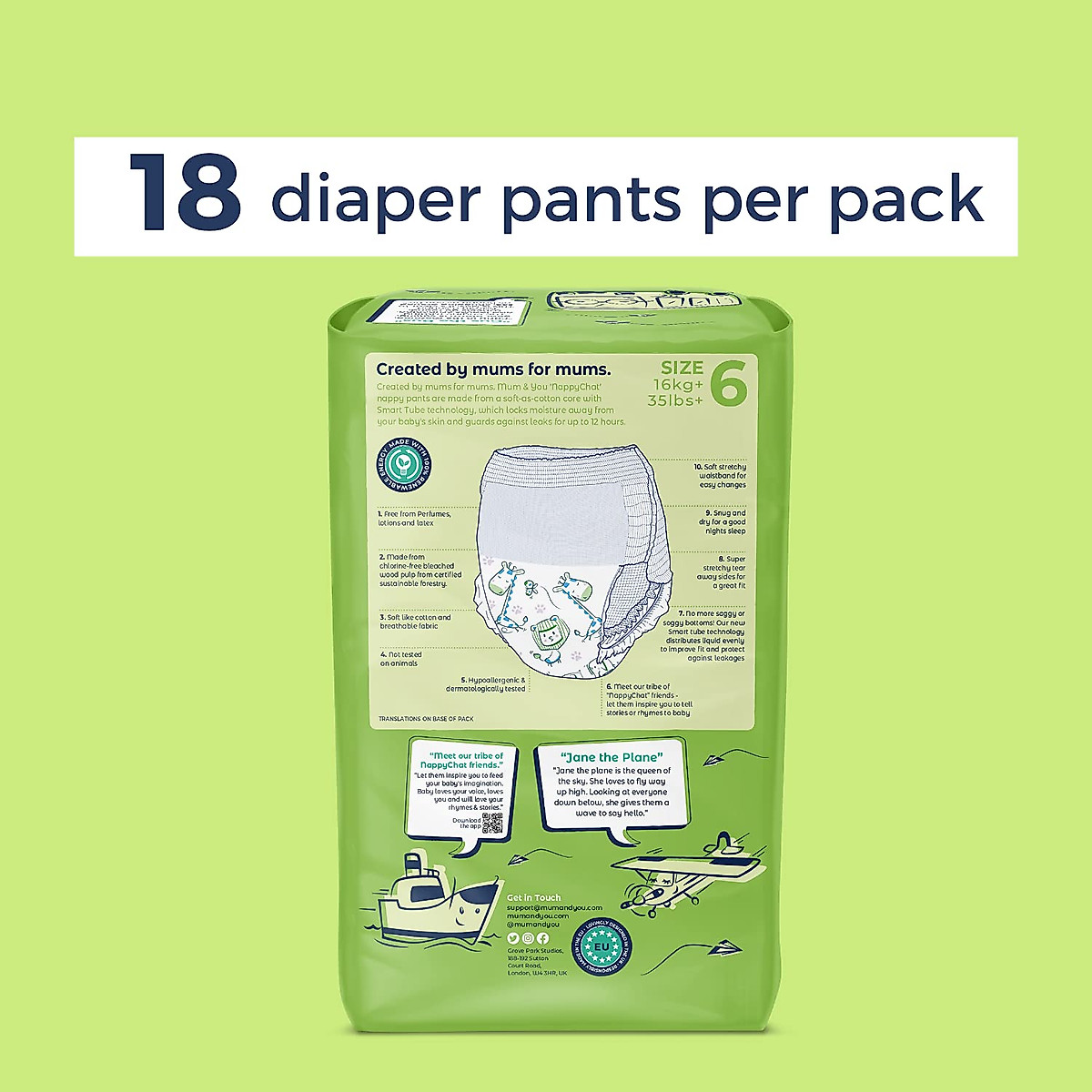 Mum & You Nappychat Premium Performance Eco Diaper Pants, Size 6 (18 diapers) Smart Tube Technology Leak Protection. 100% Recyclable. Hypoallergenic, Dermatologically-Tested. No Lotion, Perfume or Dye