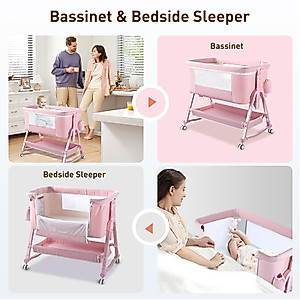 Uuoeebb 4 in 1 Bedside Bassinet for Baby, Portable Baby Bassinet with Wheels, Baby Crib with Changing Station, Mattress Included and Storage, Foldable Travel Bassinet for Baby/Infant/Newborn-Pink