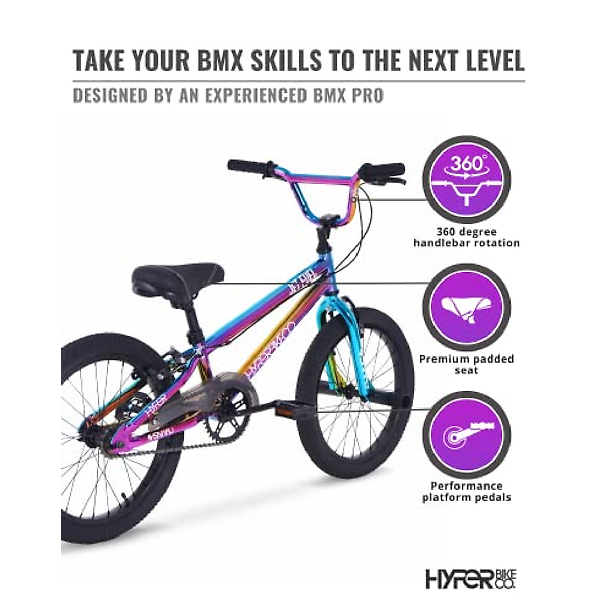 Hyper BMX Bike 18 Inch. BMX Bike for Kids Age 7-13 yrs Old, Single Speed, Front and Rear Caliper Brakes, Steel BMX Frame. 360 Handlebar Rotation. Bike Park Ready BMX Bicycle. Jet Fuel Finish