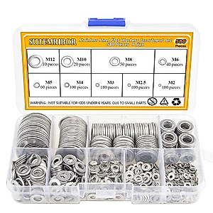 Sutemribor 304 Stainless Steel Flat Washers Set 580 Pieces, 9 Sizes - M2 M2.5 M3 M4 M5 M6 M8 M10 M12