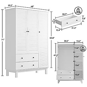 ECACAD Large Wardrobe Armoire with 4-Tier Shelves, 2 Drawers, Hanging Rod & 3 Louver Doors, Wooden Closet Storage Cabinet for Bedroom, White (48”W x 20.2”D x 71”H)