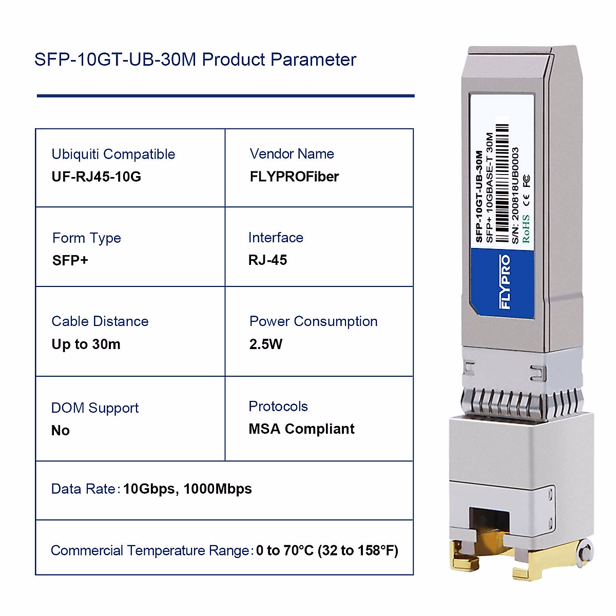 FLYPROFiber- 10GBase-T SFP+ to RJ45 for Ubiquiti, Unifi UF-RJ45-10G, Dream Machine Pro.10G-T RJ45 Transceiver for Ubiquiti, UBNT Unifi 10GBase-T Copper Module CAT6A/CAT7, 100FT(30M)