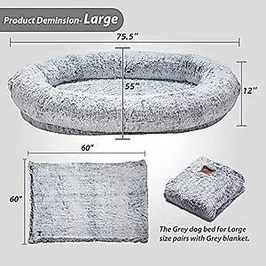 Homguava Large Human Dog Bed 75.5"x55"x12" Human-Sized Big Dog Bed for Adults&Pets Giant Beanbag Bed with Washable Fur Cover,Blanket and Strap, Grey Plush