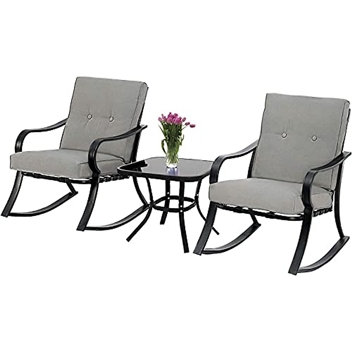 Betterland Outdoor 3-Piece Rocking Chairs Patio Bistro Sets, Glass-Top Coffee Table & Black Metal ​Patio Furniture with Thickened Cushions (Grey)