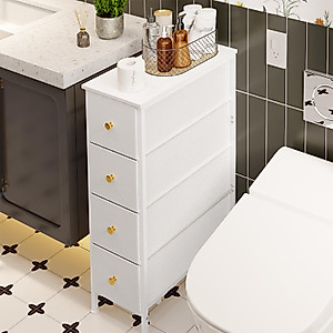 Fixwal Narrow Storage Cabinet, Narrow Nightstand Dresser with 4 Drawers, Slim Fabric Dresser Storage Tower for Small Spaces, White Dresser, for Bedroom, Bathroom, Living Room, Laundry, Closet