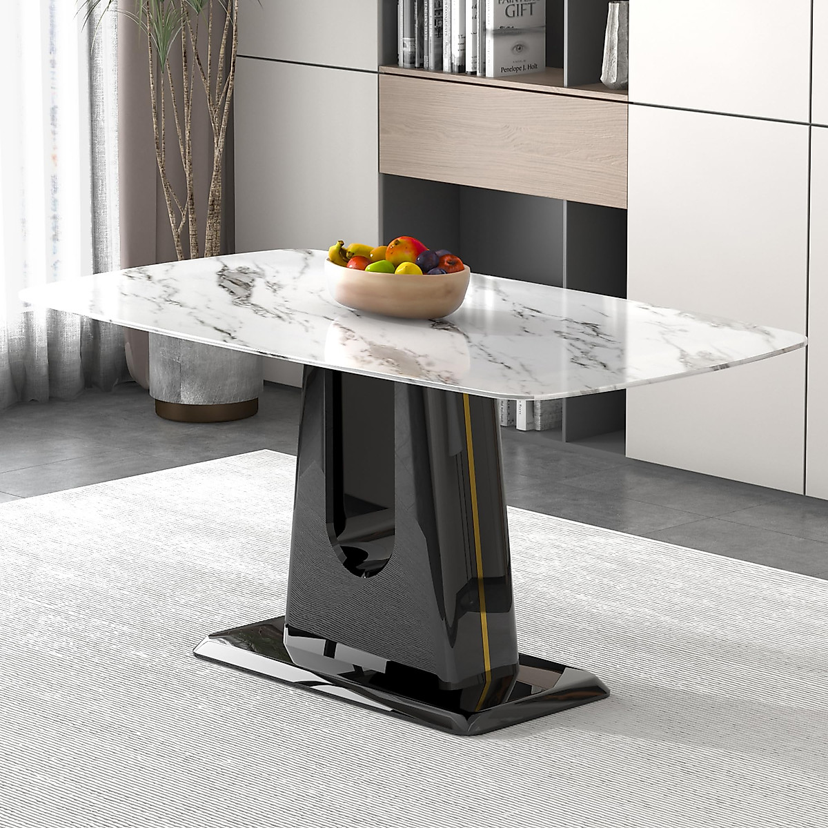 Mcltopz 63" Dining Table for 4-6 People, Modern Rectangular Dining Table with White Faux Marble Veneer Top & High Glossy Black Pedestal Base, Large Dinner Table Kitchen Table for Dining Room, Kitchen