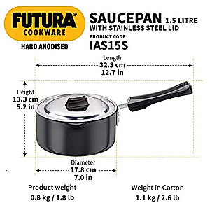 Hawkins Futura Hard Anodised Induction Compatible Saucepan with Stainless Steel Lid, Capacity 1.5 Litre, Diameter 16 cm, Thickness 3.25 mm, Black (IAS15S)
