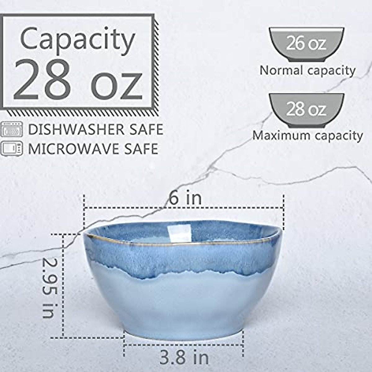 Bosmarlin Ceramic Soup Bowl Set of 4, 28 Oz, Cereal Bowl for Oatmeal, Dishwasher and Microwave Safe, Reactive Glaze (Blue, 6 inches)