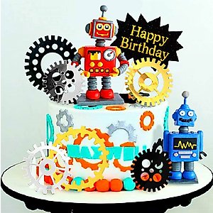 JeVenis Robot Cake Topper Robot Happy Birthday Cake Decoration Gear Cake Topper