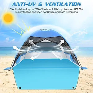 Large Easy Setup Beach Tent,Anti-UV Shelter Canopy Sun Shade with Extended Floor & 3 Mesh Roll Up Windows Fits 3-4 Person,Portable Shade Tent for Outdoor Camping Fishing (Blue)