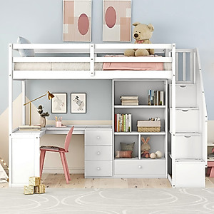 Twin Size Loft Bed with Staircase and L-Shaped Desk, Wooden Loft Bed with Storage Shelves and Drawers, Twin Loft Bunk Bed Frame for Kids Boys Girls Teens, No Box Spring Needed (White)