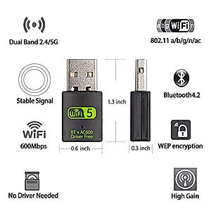GREENTOUCHPC AC600 802.11ac High-Speed Dual-Band USB WiFi Bluetooth Combo Adapter for PC 600Mbps Wireless Network Connectivity Card Nano Dongle for Desktop Computer Laptops