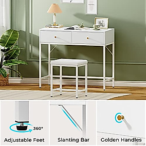 SUPERJARE 35.4" White Desk with 2 Drawers, Modern Makeup Vanity Desk with Padded Stool, Small Computer Desk Home Office Desk for Writing Study Bedroom