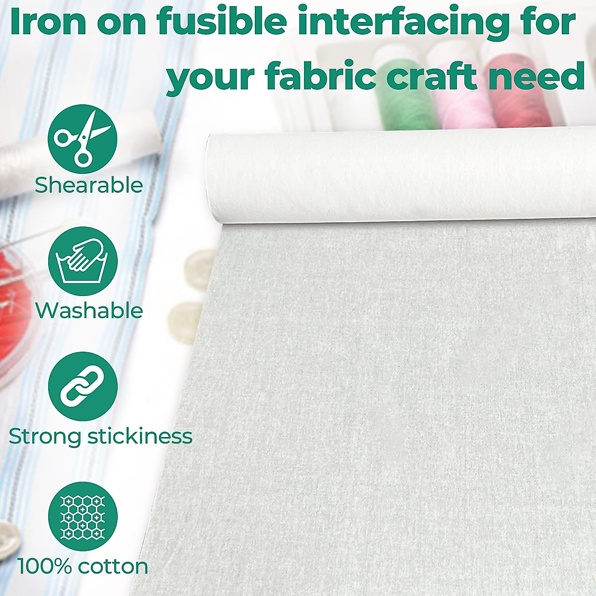PLANTIONAL Woven Cotton Iron-On Fusible Interfacing, 16.1 inch X 10 Yards White Medium Weight 100% Cotton Single Sided Interfacing Fabric Iron on Interfacing for Fabric Sewing and DIY Crafts Supplies