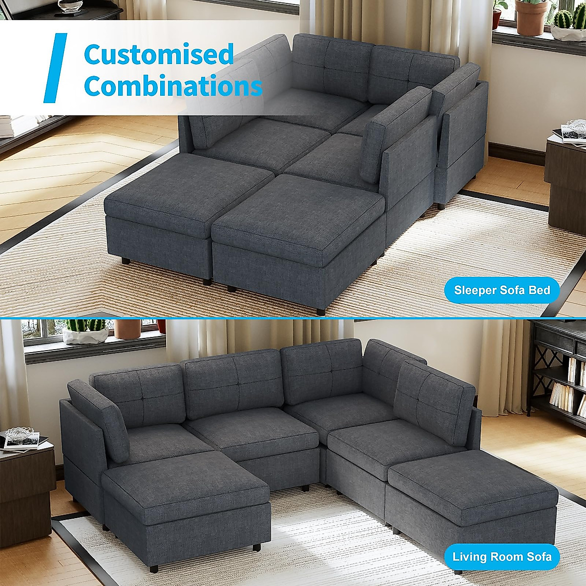 Mjkone Convertible Sofa Couch, Modern U Shaped Sofa with Tufted Back Cushion, 6 Seat Oversized Sectionals Sofa Couch with Ottomans for Living Room/Apartment/Office (Beige)