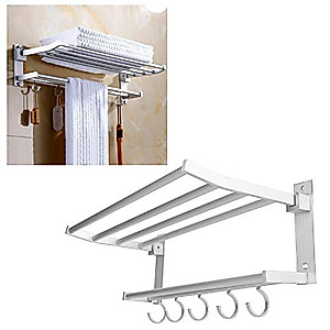 lesiega Towel Rack for Bathroom and Lavatory Double Towel Bar Holder with Hooks Wall Mounted Multifunctional Foldable 2-Tier Shelf Ideal for Kitchen Lavatory Bathroom, 15.7in