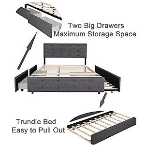 WII UWILL Platform Queen Bed Frame with 2 Storage Drawers and a Twin Size Trundle,Upholstered Bed with Tufted Headboard,Suitable for Kids/Teen/Adults,No Box Spring Needed, Easy Assembly