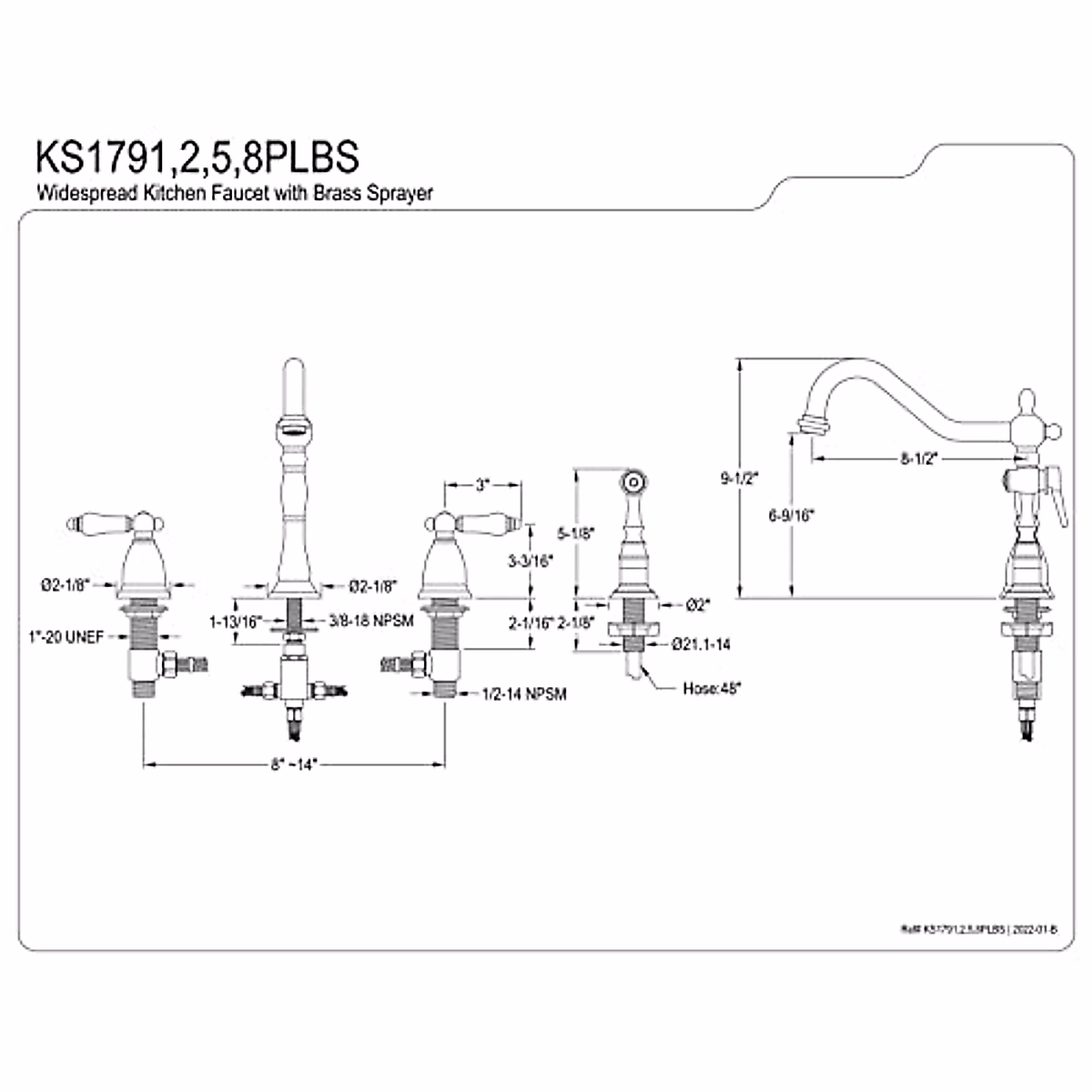Kingston Brass KS1798PLBS Heritage Widespread Kitchen Faucet with Handle Sprayer, Brushed Nickel, 12.38 x 8.56 x 2
