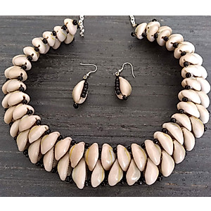 Unique Collar Choker Bib Egyptian African Beaded Natural Cowrie shells on Geman Silver Wire embellished with black glass beads | Boho Gypsy Cleopatra Afghan Kuchi Tribal Belly Dance Necklace Earrings