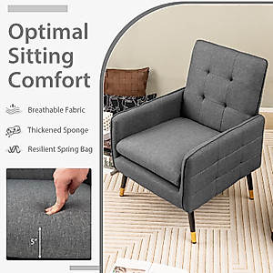 Giantex Modern Mid-Century Accent Chair - Upholstered Armchair with Tufted Back, Metal Legs, Adjustable Foot Pads, Linen Fabric Single Sofa Chair for Reading, Living Room Chair for Bedroom, Grey