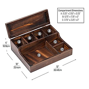 Mind Reader Nightstand Valet Tray, Phone Watch Holder, Bedroom Desk Organizer, Cosmetic Accessory Storage, Jewelry Box with 7 Compartments, Burnt Wood, Brown 12" x 10" x 4.5"