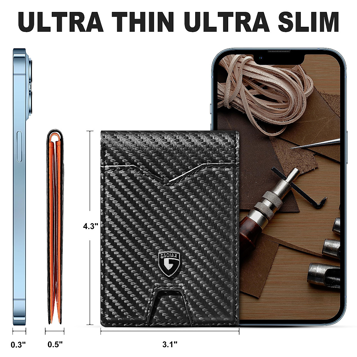 GSOIAX Slim Wallet for Men with 11 card Slots Rfid Blocking Carbon Fiber wallets Bifold Credit Card Holder Minimalist Leather With Gift Box (Carbon Black and Orange)