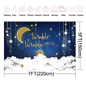 Avezano Twinkle Twinkle Little Star Backdrop, Navy Blue White Clouds Baby Shower Party Decorations 7x5ft Vinyl Gold Moon Glitter Stars Baby Shower Party Banner Photography Background