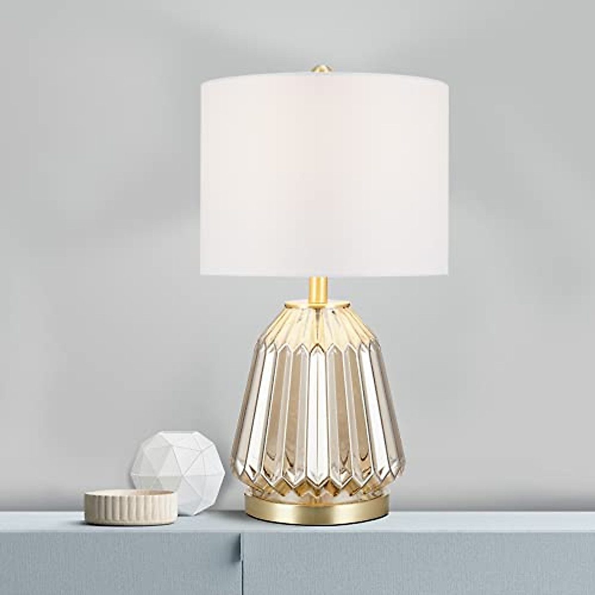 Catalina 22144-001 Transitional 3-Way Ribbed Clear Glass Table Lamp with Linen Shade, Led Bulb Included, 23.5", Champagne