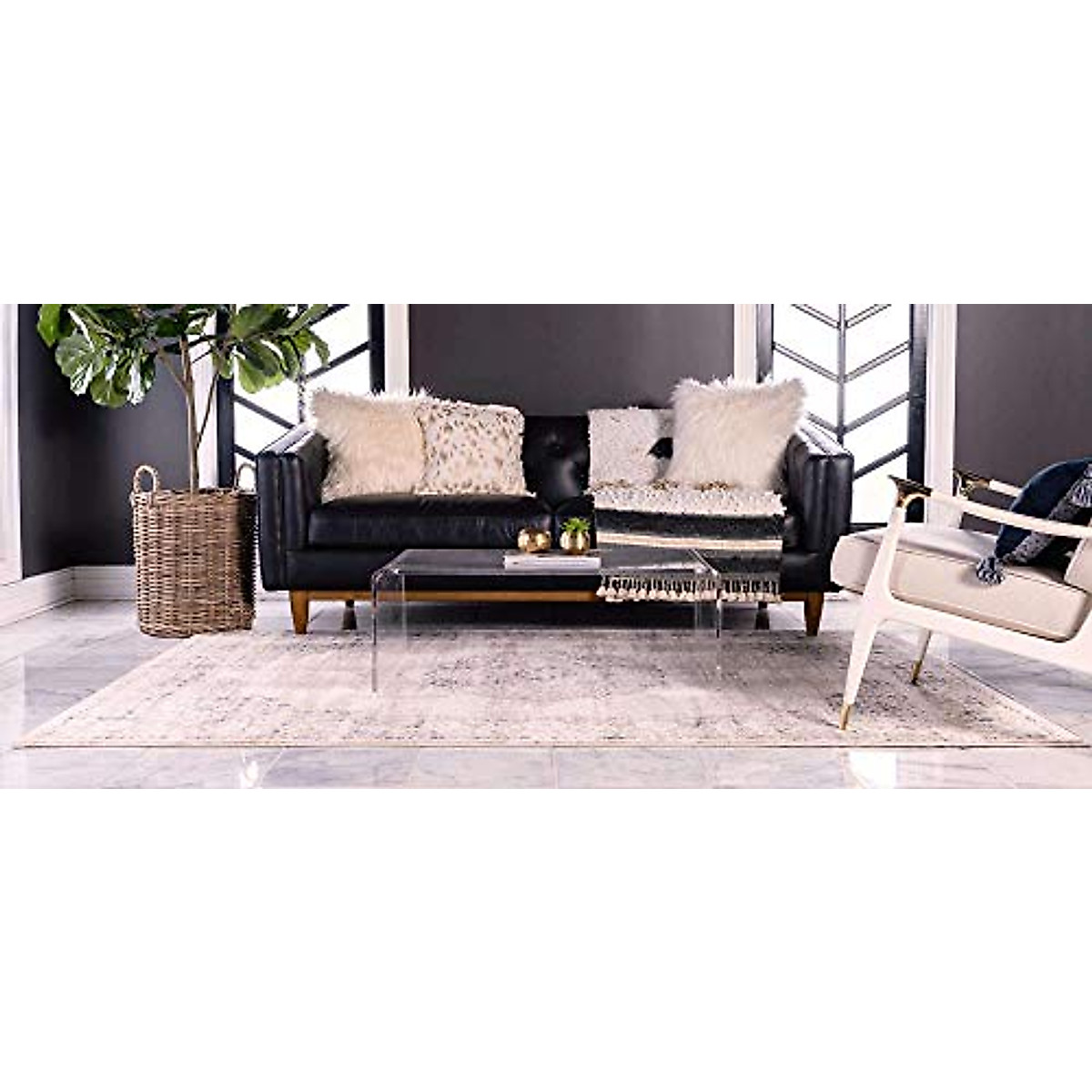 Unique Loom Leila Collection Traditional, Distressed, Medallion, Border, High-Low Pile, Vintage Area Rug, 3' 3" x 5' 3", Tan/Navy Blue