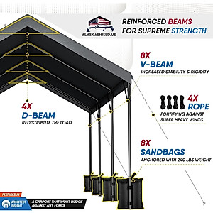 Alaskashield.US Carport 10'x 20' | Reinforced Heavy Duty Car Port | Height Adjustable Metal Tent | All Season PE Tarp Canopy | Portable Garage | 3 Roll-Up Doors & Removable Sidewalls | Dark Grey