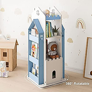 QQXX 360° rotatable Bookshelf,Children's Floor-Standing Display Shelf with Storage Racks on Both Sides Suitable for Family Study Dormitory Bedroom bookcases(3 Tier, Blue)