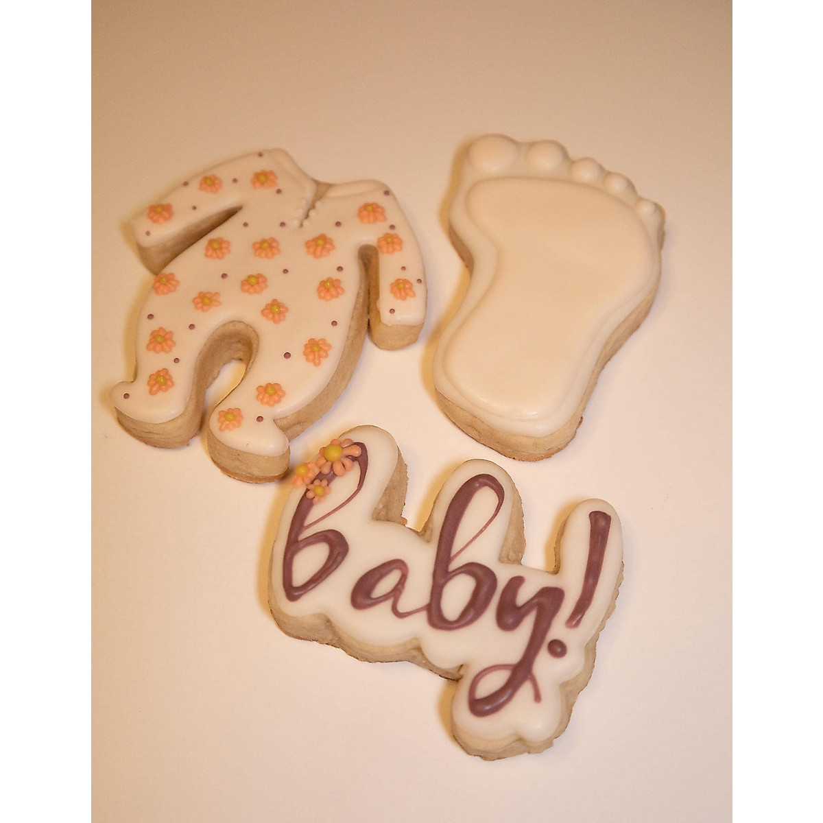 BABY SHOWER SPRINKLE COOKIE CUTTERS Baby Welcome Home Special Occasion Celebration Footie Pajamas With Cursive Word Handwriting And Infant Footprint Cookie Cutters (3 pack)
