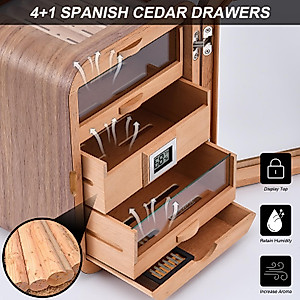 Glass-Top Humidor Cabinet,Handmade Humidor Box,Cedar Desktop Box with Humidifier,Hygrometer&Travel Case,Gifts for Men,Father Day,150 Counts Capacity-Black Walnut