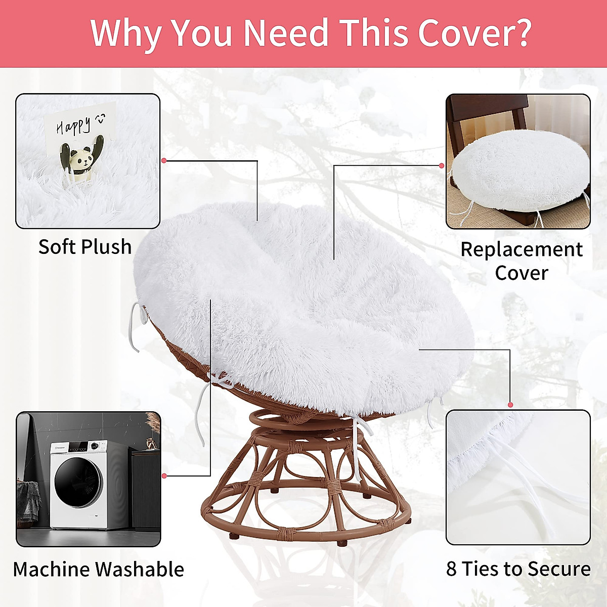 ROYALAY Faux Fur Cover for Papasan Cushion with Fluffy Plush,Shaggy Slipcover, Removable Chair Cushion Cover with 8 Ties-Cover Only-Fit 50-52 in (55 in, White)