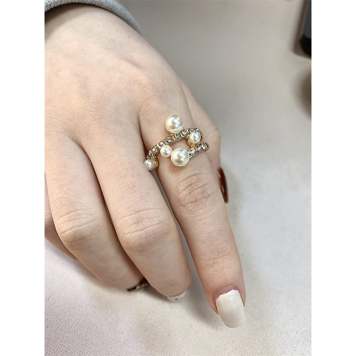 Shell Pearls CZ Wedding Statement Ring for Women Gold Plated Layered Rhinestone Mini Imitation Pearls Open Band Finger Rings Comfort Fit Dainty Birthday Valentine Anniversary Jewelry Size 8
