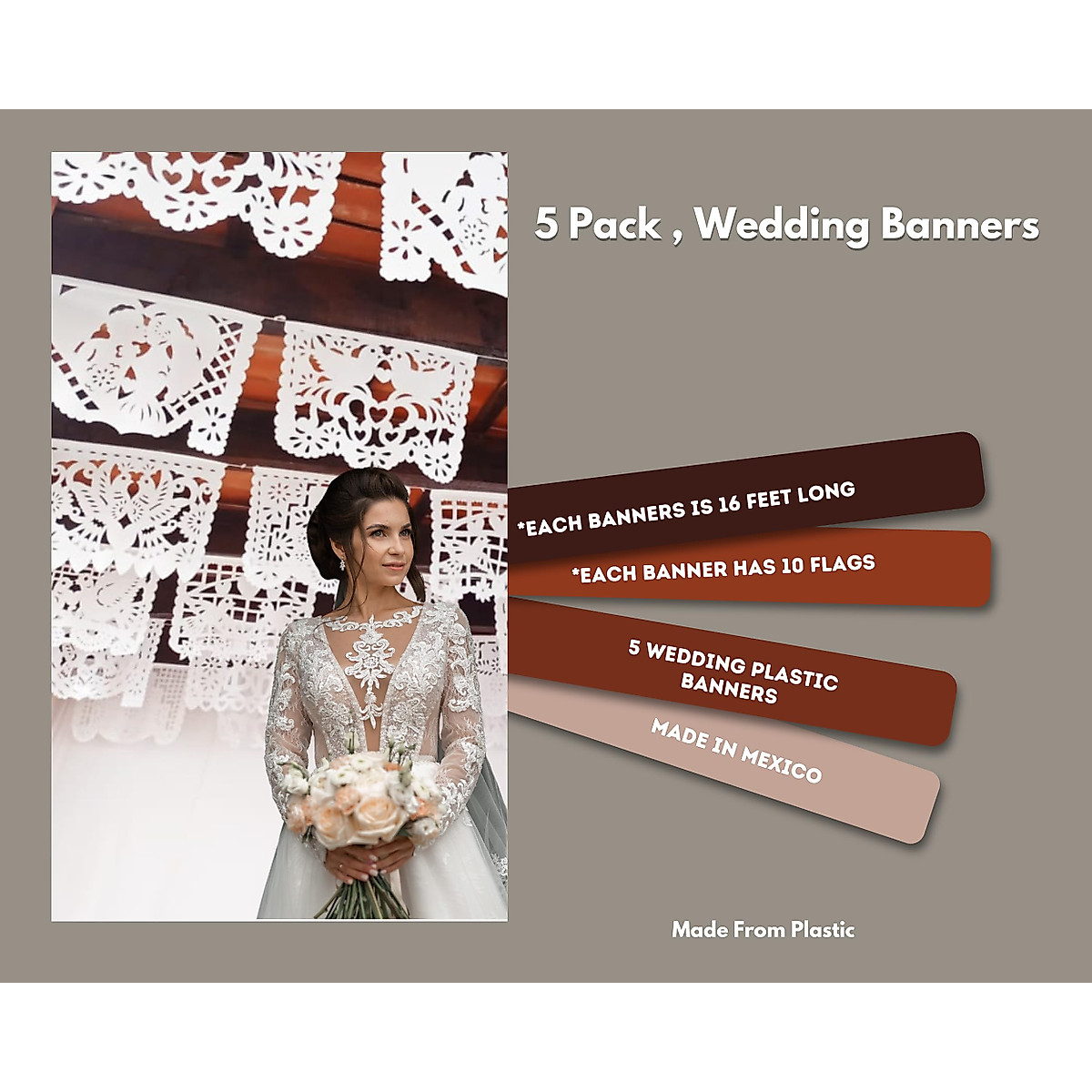 5 Pk Mexican Plastic Banners, 75 ft Long White Mexican Wedding Garlands, Perfect for Rehearsals, Bridal Shower, Photo Booth Backdrop, Engagement Party, Wedding Backdrop Banner B41